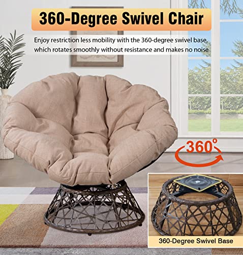 Papasan Chair Patio Lounge Chairs Egg Chair Round Circle Ratten Chair 360-Degree Swivel Papasan Chair with Cushion and Metal Frame for Indoor Outdoor Living Room Bedroom Apartment,Tan