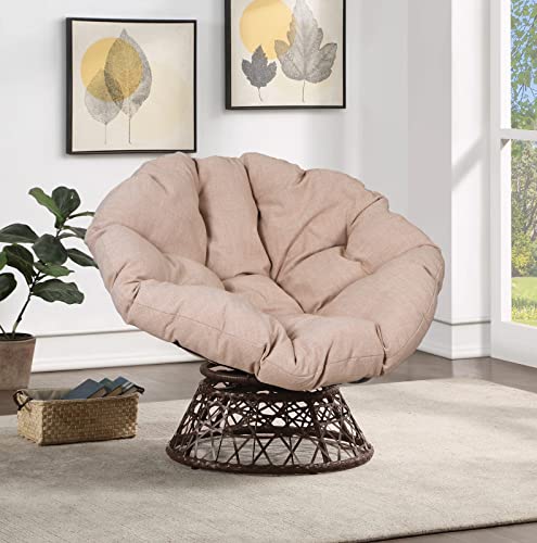 Papasan Chair Patio Lounge Chairs Egg Chair Round Circle Ratten Chair 360-Degree Swivel Papasan Chair with Cushion and Metal Frame for Indoor Outdoor Living Room Bedroom Apartment,Tan