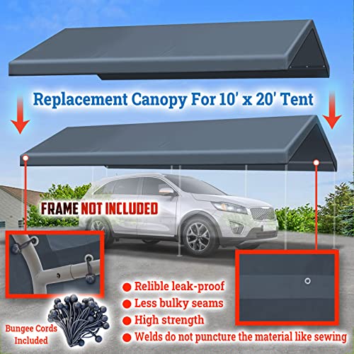 BenefitUSA Upgraded Muliti Color Canopy ONLY 10'x20' Carport Replacement Canopy Outdoor Tent Garage Top Tarp Shelter Cover with Ball Bungees (Grey)