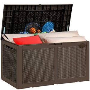 yitahome 100 gallon large deck box w/storage net, resin outdoor storage boxes, waterproof patio cushion storage bench for patio furniture, pool supplies, garden tools- rattan,lockable (dark brown)