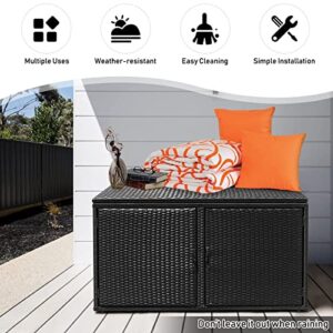 Tangkula Outdoor Wicker Storage Box, Garden Deck Bin with Steel Frame, Rattan Pool Storage Box with Lid, Ideal for Storing Tools, Accessories and Toys, 88 Gallon Capacity (Black)