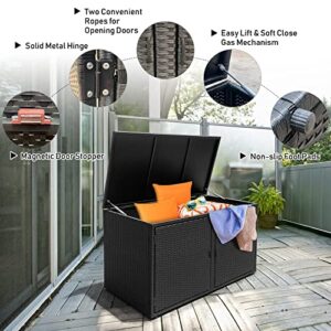 Tangkula Outdoor Wicker Storage Box, Garden Deck Bin with Steel Frame, Rattan Pool Storage Box with Lid, Ideal for Storing Tools, Accessories and Toys, 88 Gallon Capacity (Black)