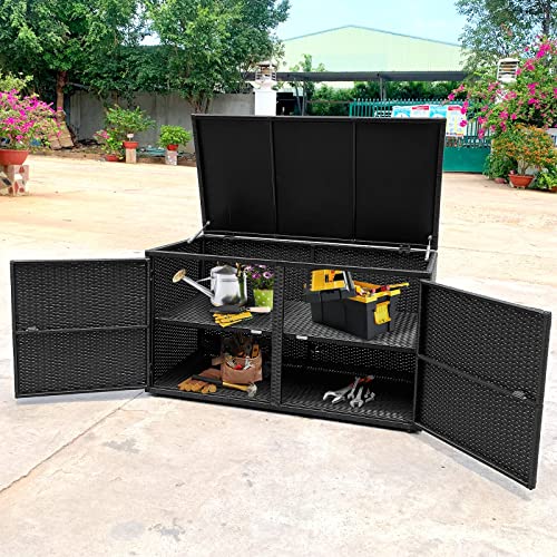 Tangkula Outdoor Wicker Storage Box, Garden Deck Bin with Steel Frame, Rattan Pool Storage Box with Lid, Ideal for Storing Tools, Accessories and Toys, 88 Gallon Capacity (Black)