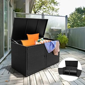 Tangkula Outdoor Wicker Storage Box, Garden Deck Bin with Steel Frame, Rattan Pool Storage Box with Lid, Ideal for Storing Tools, Accessories and Toys, 88 Gallon Capacity (Black)