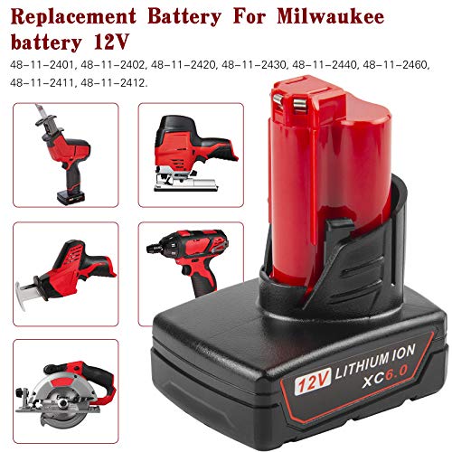 Labtec 2Packs M12 Battery 12V 6000mAh Lithium Battery Replacement for Milwaukee 12V Battery 48-11-2410 48-11-2420 48-11-2411 48-11-2401 48-11-2402 Cordless Power Tools Battery