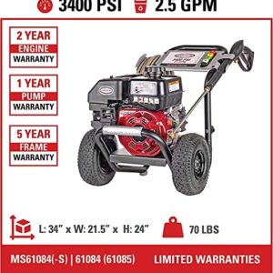 Simpson Cleaning MS61085 MegaShot 3400 PSI Gas Pressure Washer, 2.5 GPM, Kohler SH270, Includes Spray Gun and Extension Wand, 5 QC Nozzle Tips, 5/16-in. x 25-ft. MorFlex Hose, Black