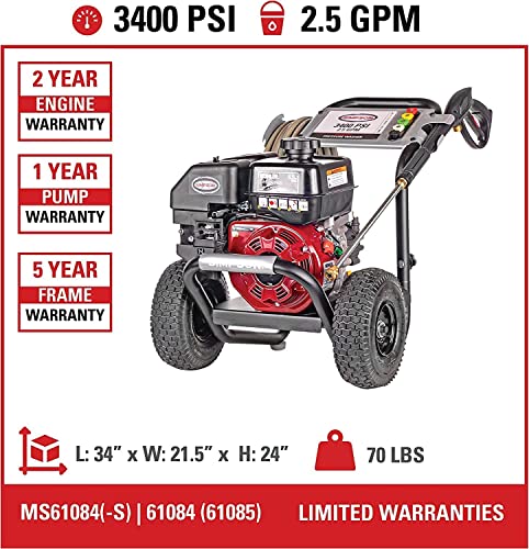 Simpson Cleaning MS61085 MegaShot 3400 PSI Gas Pressure Washer, 2.5 GPM, Kohler SH270, Includes Spray Gun and Extension Wand, 5 QC Nozzle Tips, 5/16-in. x 25-ft. MorFlex Hose, Black