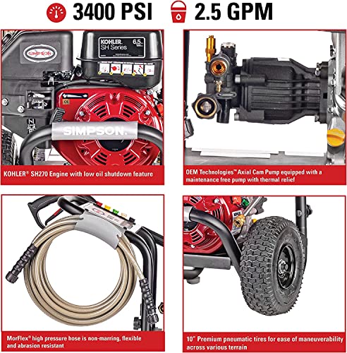 Simpson Cleaning MS61085 MegaShot 3400 PSI Gas Pressure Washer, 2.5 GPM, Kohler SH270, Includes Spray Gun and Extension Wand, 5 QC Nozzle Tips, 5/16-in. x 25-ft. MorFlex Hose, Black