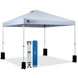 KUZNAP 10’x10’ Pop up Canopy Tent Patented EZ Set-up Canopy Instant Outdoor Canopy with Wheeled Carry Bag Bonus 4 Weight Sandbags, 8 Stakes and 4 Guyline Ropes, White