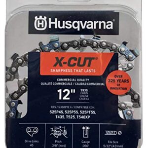 Husqvarna X-Cut S93G 12 Inch Chainsaw Chain, 3/8" Mini Pitch, .050" Gauge, 45 Drive Link Chainsaw Blade Replacement, Pre-Stretched and Low Kickback, Gray