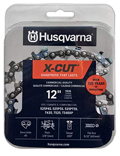 Husqvarna X-Cut S93G 12 Inch Chainsaw Chain, 3/8" Mini Pitch, .050" Gauge, 45 Drive Link Chainsaw Blade Replacement, Pre-Stretched and Low Kickback, Gray