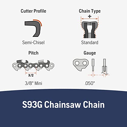 Husqvarna X-Cut S93G 12 Inch Chainsaw Chain, 3/8" Mini Pitch, .050" Gauge, 45 Drive Link Chainsaw Blade Replacement, Pre-Stretched and Low Kickback, Gray