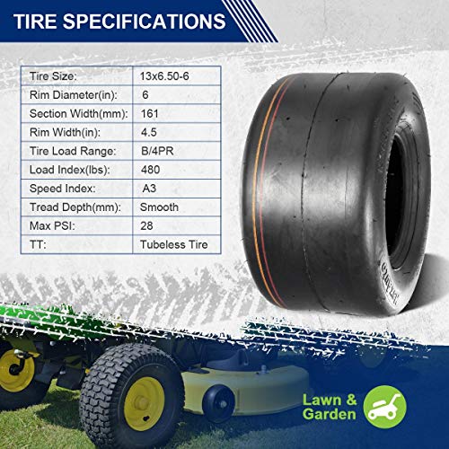 MaxAuto 13X6.50-6 Tires, 13X6.50X6 Lawn Mower Tires, 13-6.50-6 Smooth Turf Tires, 13X6.5-6 Tractor Tire, 4PR Tubeless, Set of 2