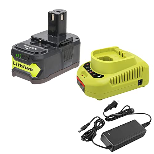 18V Battery and Charger Combo for Ryobi 18-Volt Cordless Tools Battery and P118B Charger, Cell9102 18V Battery Capacity Output 5.0Ah