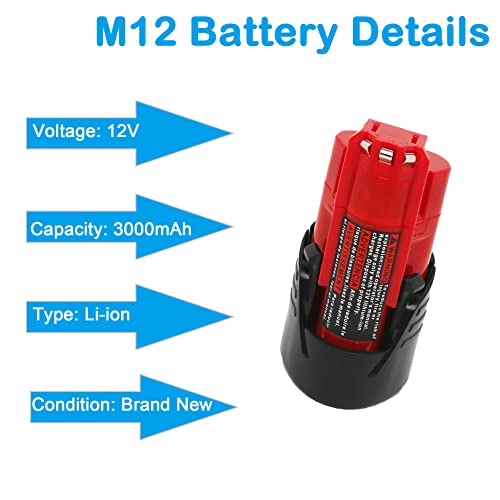 CELL9102 4 Pack 3.0Ah Replacement 12V Battery Compatible with Milwaukee M12 Battery 48-11-2411 48-11-2420 48-11-2401 48-11-2402 48-11-2401, for Milwaukee 12V M12 Red Lithium Cordless Tools