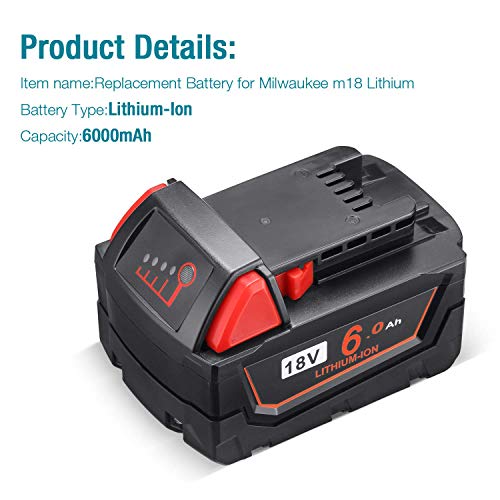 Upgraded 6.0Ah 18V Replacement Battery - Compatible with Milwaukee M 18 48-11-1852 18V Lithium XC Cordless Power Tools & Charger for Milwaukee M12 M14 M 18 Li-ion Battery