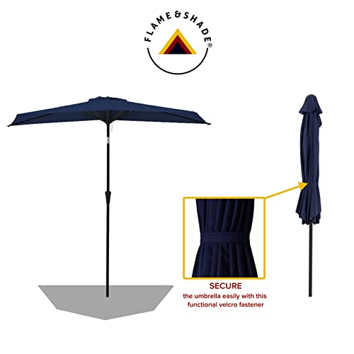 FLAME&SHADE 9 ft Half Round Outdoor Market Patio Table Umbrella with Tilt for Wall Balcony, Navy Blue