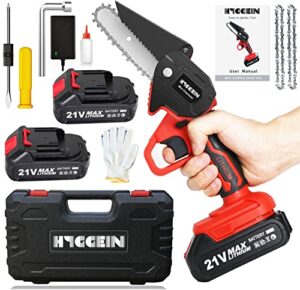 mini chainsaw 4-inch with 2 battery, cordless saw with 2 chains security lock, hand held small rechargeable chainsaw for wood cutting tree trimming red with box