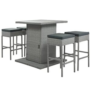 Merax Outdoor Wicker Bar Table Set, 5-Piece Patio Bar Set, PE Rattan Wicker Dining Table with 4 Stools, Storage Shelf for Backyard, Porch, Poolside (Gray 5-Piece)