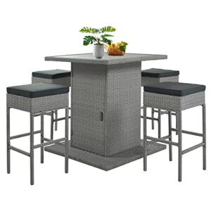 merax outdoor wicker bar table set, 5-piece patio bar set, pe rattan wicker dining table with 4 stools, storage shelf for backyard, porch, poolside (gray 5-piece)