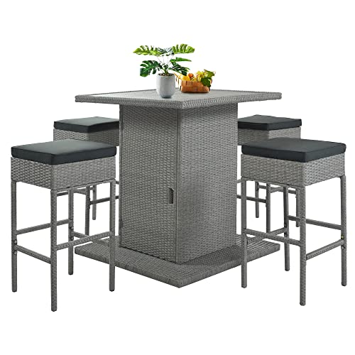 Merax Outdoor Wicker Bar Table Set, 5-Piece Patio Bar Set, PE Rattan Wicker Dining Table with 4 Stools, Storage Shelf for Backyard, Porch, Poolside (Gray 5-Piece)