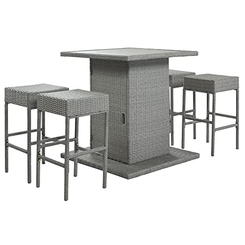 Merax Outdoor Wicker Bar Table Set, 5-Piece Patio Bar Set, PE Rattan Wicker Dining Table with 4 Stools, Storage Shelf for Backyard, Porch, Poolside (Gray 5-Piece)