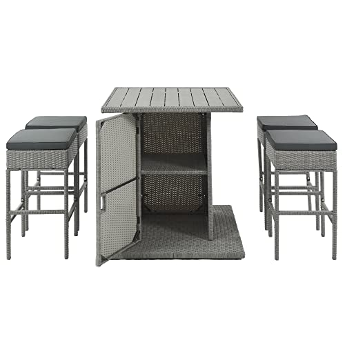 Merax Outdoor Wicker Bar Table Set, 5-Piece Patio Bar Set, PE Rattan Wicker Dining Table with 4 Stools, Storage Shelf for Backyard, Porch, Poolside (Gray 5-Piece)