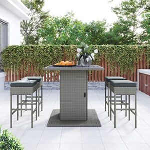 Merax Outdoor Wicker Bar Table Set, 5-Piece Patio Bar Set, PE Rattan Wicker Dining Table with 4 Stools, Storage Shelf for Backyard, Porch, Poolside (Gray 5-Piece)