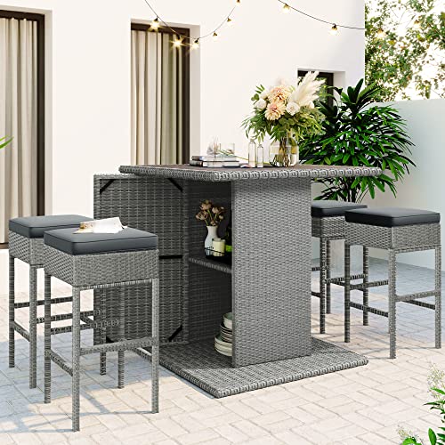 Merax Outdoor Wicker Bar Table Set, 5-Piece Patio Bar Set, PE Rattan Wicker Dining Table with 4 Stools, Storage Shelf for Backyard, Porch, Poolside (Gray 5-Piece)