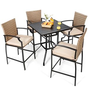 tangkula 5 pieces outdoor patio bar set, rattan bistro set w/ 4 wicker bar stools & 1 bar table, heavy-duty steel frame, soft cushions, patio conversation set for courtyard, poolside, garden (beige)