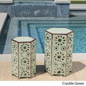 GDFStudio Elliot Outdoor 12 Inch and 14 Inch Sunburst Iron Side Table Set (Crackle Green)