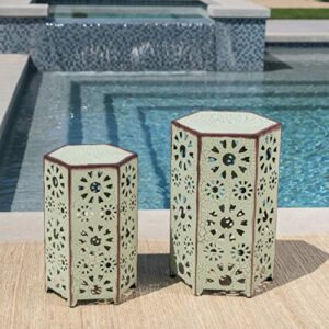 GDFStudio Elliot Outdoor 12 Inch and 14 Inch Sunburst Iron Side Table Set (Crackle Green)