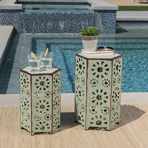 GDFStudio Elliot Outdoor 12 Inch and 14 Inch Sunburst Iron Side Table Set (Crackle Green)