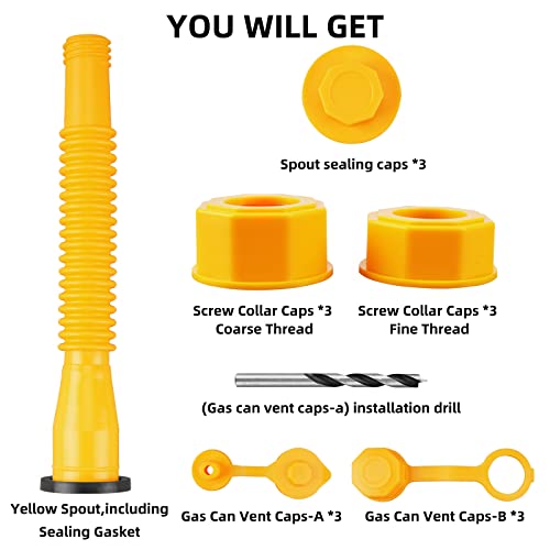 Jimtyee Gas Can Spout Replacement,Gas Can Nozzle (3Kit-Yellow) Fit for 1/2/5/10 Gal Oil Cans, with 6 Screw Collar Caps,Gas Can Vent Caps, Spout Cover, Base Caps, Drill, Thick Rubber pad