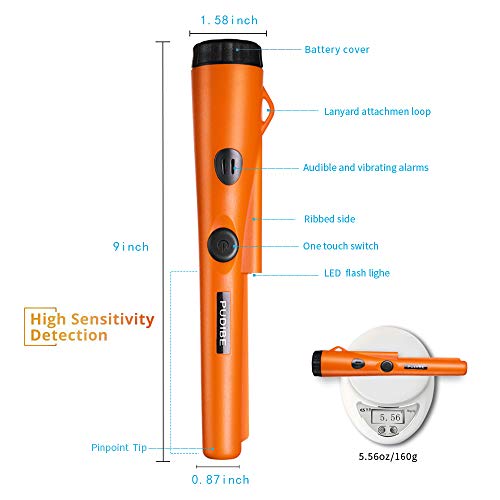 Pinpoint Metal Detector Pinpointer - Fully Waterproof with Orange Color Include a 9V Battery 360 Search Treasure Pinpointing Finder Probe with Belt Holster for Adults and Kids(Three Mode)