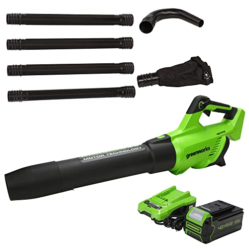 GreenWorks 40V (550 CFM / 130 MPH) Brushless Axial Leaf Blower 4Ah USB Battery and Charger with Gutter Cleaning Kit