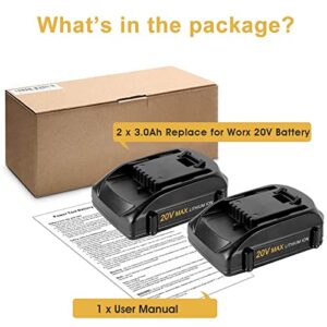 2Packs 20V 3.0Ah Replacement Battery Compatible with Worx 20 Volt Lithium Battery WA3520 WA3525 WG151s, WG155s, WG251s, WG255s, WG540s, WG545s, WG890, WG891 20 Volt Lithium ion Cordless Power Tools