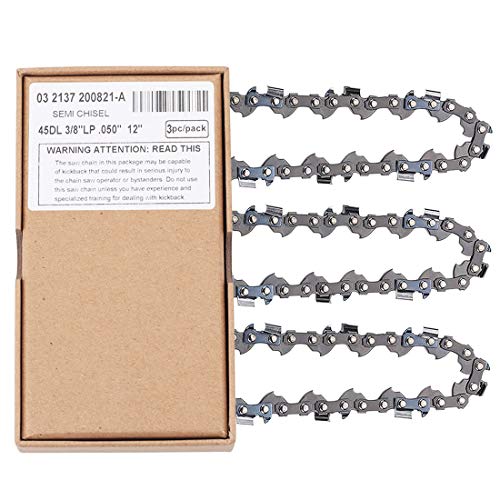 Wellsking 3 Pack 12 inch Chainsaw Chains 3/8 LP .050 Inch 45 Drive Links fits for Echo Greenworks 40v Chainsaw