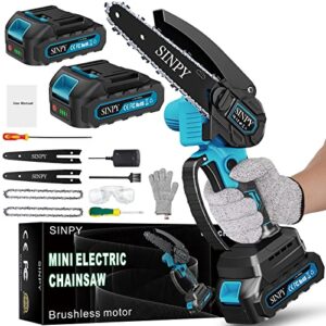 sinpy mini chainsaw 6-inch, 21v battery powered cordless chainsaw, portable handheld brushless chain saw with safety lock for gardening branch trimming, yard cleaning, outdoor wood cutting.