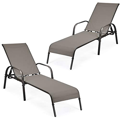 Tangkula Patio Chaise Lounge, Recliner Outdoor Lounger Chair w/Adjustable Backrest, Reclining Chair w/Heavy Duty Steel Frame, Suitable for Beach, Yard, Balcony, Poolside (2, Brown)