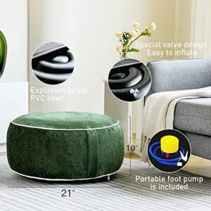 weruisi Stuffed Pouf Ottoman, 21x10 Inches Chenille Ottoman with Inflatable PVC Liner, Foot Rest with Portable Handle, Round Floor Pillow for Living Room, Bedroom, Kids Room (Green)