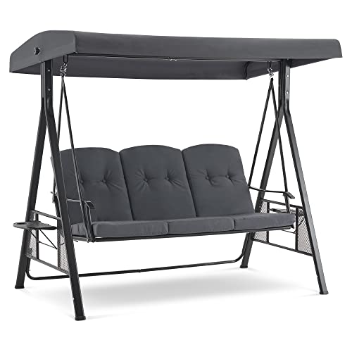 Mcombo 3 Seat Patio Swings with Canopy, Outdoor Porch Swing Chair with Stand, Adjustable Canopy Swing Sets for Backyard, Poolside, Balcony 4092 (Dark Grey)