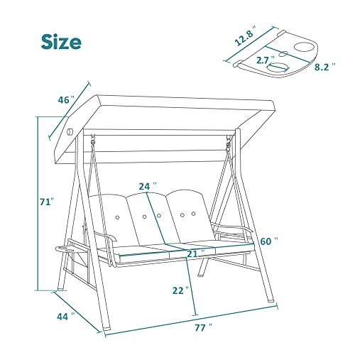 Mcombo 3 Seat Patio Swings with Canopy, Outdoor Porch Swing Chair with Stand, Adjustable Canopy Swing Sets for Backyard, Poolside, Balcony 4092 (Dark Grey)