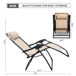 GOLDSUN 3 PCS Zero Gravity Chair Foldable Patio Chaise Lounge Chairs Outdoor Adjustable Recliner Folding Lounge Table Chair Set for Backyard Porch and Swing Poolside (Beige)