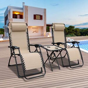 GOLDSUN 3 PCS Zero Gravity Chair Foldable Patio Chaise Lounge Chairs Outdoor Adjustable Recliner Folding Lounge Table Chair Set for Backyard Porch and Swing Poolside (Beige)