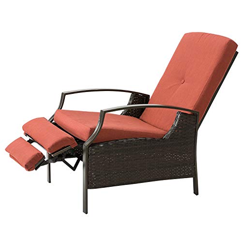 HollyHOME Patio Wicker Adjustable Recliner Chair, Relaxing Lounge Chair with Thick Spunpoly Cushion, Water Resistant, Red