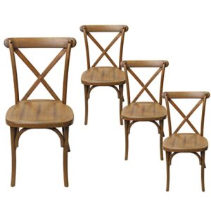 Fohfurniture Set of 4 Imitation Textured Wood Resin Crossback Stacking Event Cafe Patio Restaurant Chairs for Outdoor/Indoor Use, with Metal Rod-Reinforced Legs