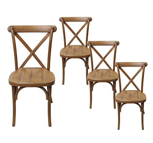 Fohfurniture Set of 4 Imitation Textured Wood Resin Crossback Stacking Event Cafe Patio Restaurant Chairs for Outdoor/Indoor Use, with Metal Rod-Reinforced Legs