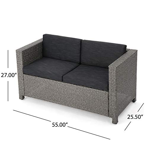 Christopher Knight Home Puerta Outdoor Wicker Loveseat with Cushions, Grey / Mixed Black Cushions