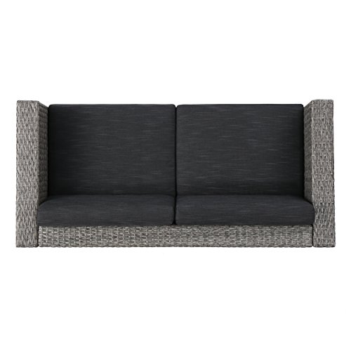 Christopher Knight Home Puerta Outdoor Wicker Loveseat with Cushions, Grey / Mixed Black Cushions